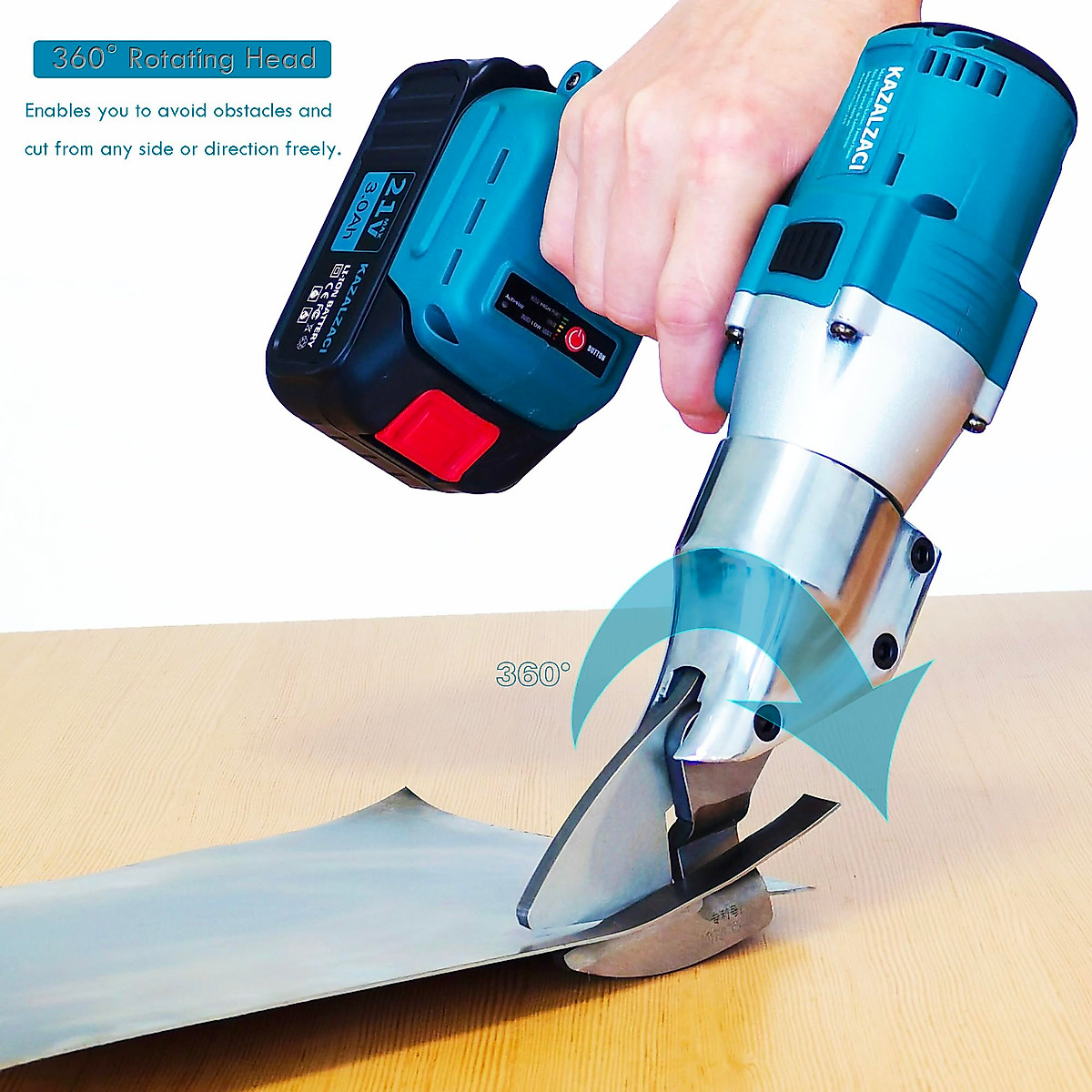 Cordless Metal Shear Electric Metal Shears Sheet Metal Cutter with Swivel Head for Curve/Straight/Round Cuttings Over Sheets Iron, Aluminum, Steel and Carpet, Leather, Cardboard 2Pcs 3.0Ah Battery