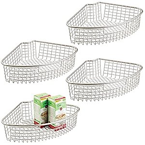 mDesign Farmhouse Metal Kitchen Cabinet Lazy Susan Storage Organizer Basket with Front Handle - Large Pie-Shaped 1/4 Wedge, 4.4" Deep Container - 4 Pack - Satin