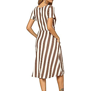 Womens Casual Short Sleeve Loose Swing Pockets Midi A Line Dress Coffee M