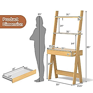 Tangkula Ladder Desk with Countertop & Drawer, Freestanding 2-Tier Ladder Shelf Desk, Modern Computer Desk Laptop Table with Storage Bookshelf, Anti-Toppling Device (Natural)