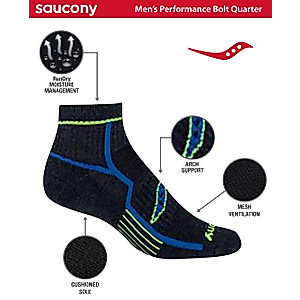 Saucony Men's Multi-Pack Bolt Performance Quarter Socks, Grey (6 Pairs), Shoe Size: 8-12