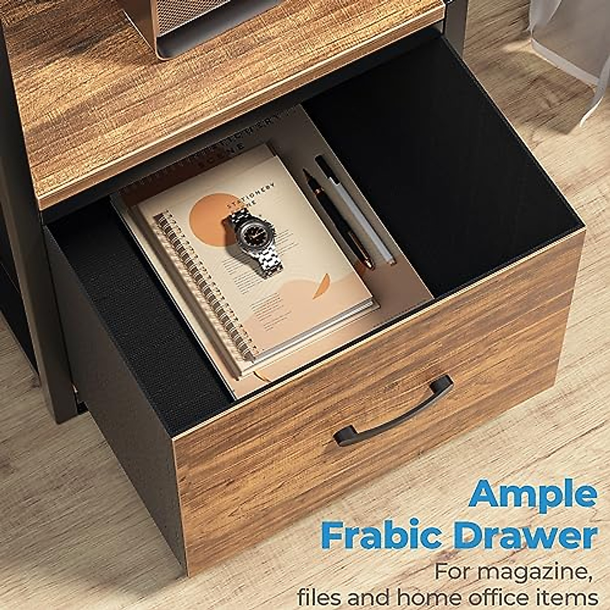 GreenForest L Shaped Desk with Drawers and Printer Stand, 69 inch Home Office Computer Desk with Power Outlet, Monitor Shelf, Storage Shelves and Hooks for Writing, Studying, Working, Walnut