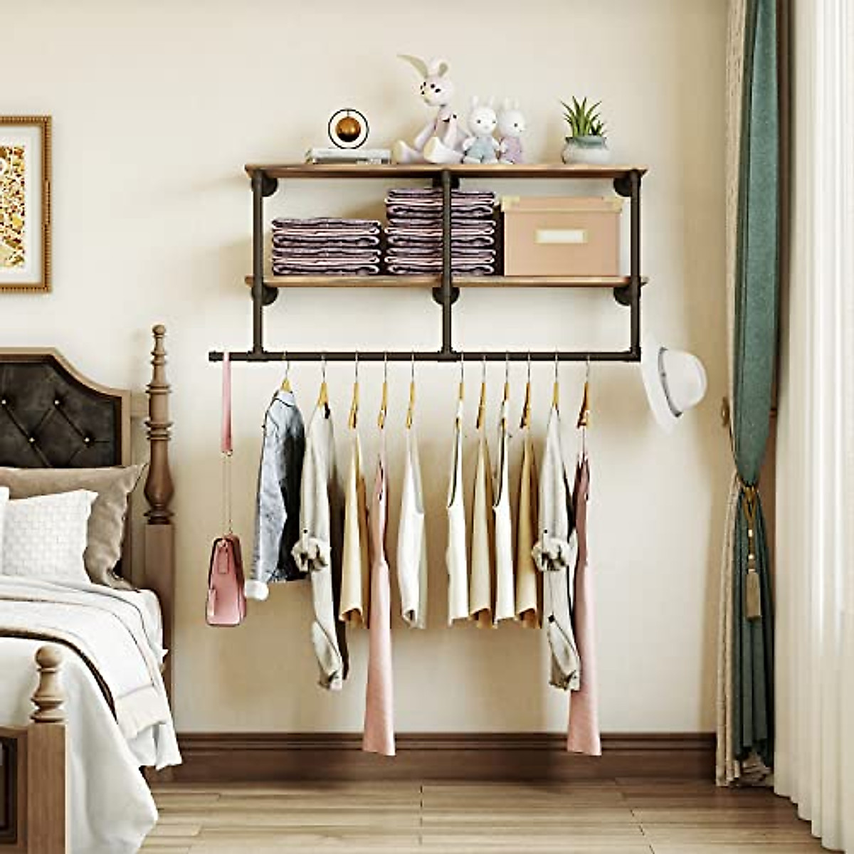 MAIKAILUN Wall Mounted Clothes Rack with Shelf, 52" Long Industrial Pipe Clothing Rack with 2 Tier MDF Shelves Heavy Duty Iron Garment Rack Bar,Retail Display Clothes Rod for Clothes,Laundry Room