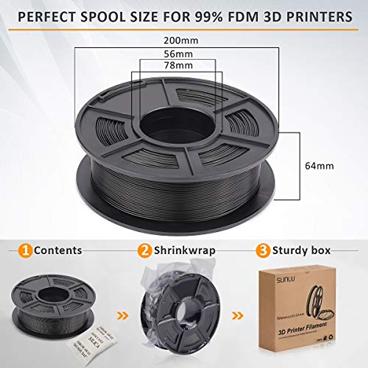 PLA 3D Printer Filament, SUNLU Neatly Wound PLA Filament 1.75mm Dimensional Accuracy +/- 0.02mm, Fit Most FDM 3D Printers, Good Vacuum Packaging Consumables, 1kg Spool (2.2lbs), 330 Meters, PLA Black