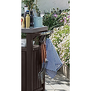 Keter Unity Portable Outdoor Table and Storage Cabinet with Hooks for Grill Accessories-Stainless Steel Top for Patio Kitchen Island or Bar Cart