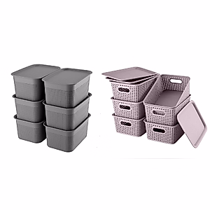 AREYZIN Plastic Storage Bins With Lid Organizing Container Lidded Knit Storage Basket Organizer Bins for Shelves Drawers Desktop Closet Playroom Classroom Office, Grey-Purple