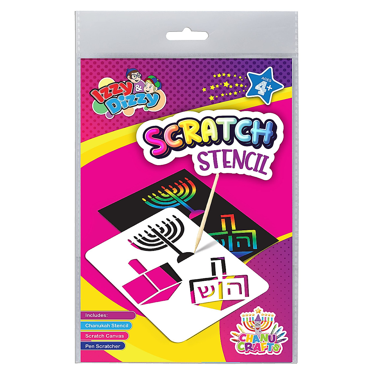Izzy 'n' Dizzy Hanukkah Scratch Stencil Art Kit - 8" x 6" - Includes Sctatch Stick - Chanukah Arts and Crafts - Gifts and Games