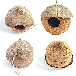 PINVNBY Natural Coconut Bird Hide Nest Hut House Coconut Shell Breeding Bird Nest Coconut Fiber Hanging Birdhouse Cage Habitats Decor for Pet Parrot Budgies Parakeet Lovebird Finch Canary(2 Packs)
