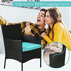 Qxznby 4 Pieces Outdoor Patio Furniture Set,Conversation Sets,Wicker Patio Conversation Furniture Rattan Chair Set with Tempered Glass Coffee Table and Cushion,Porch Poolside Balcony Furniture(Blue)