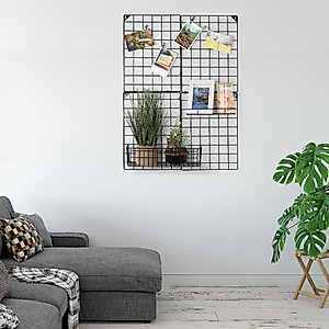 NEX Wall Grid Panel with Grid Baskets, Wire Wall Grid, Photo Picture Display, Memo Board, Wall DIY Decor Storage Organizer, 32.68'' x 23.82''