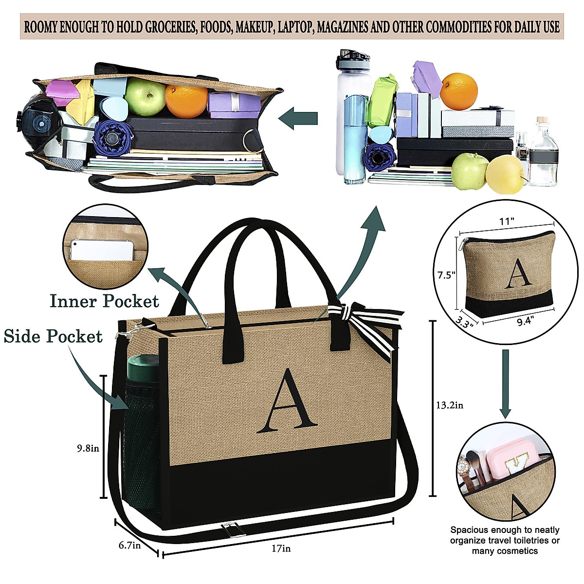 YOOLIFE Birthday Gifts for Women - Gift for Women, Teacher Gifts, Easter Basket, A Initial Tote Bag for Female Her Friend Sister Mom Birthday Gift for Her Mom Wife, Jute Initial Beach Tote Bag