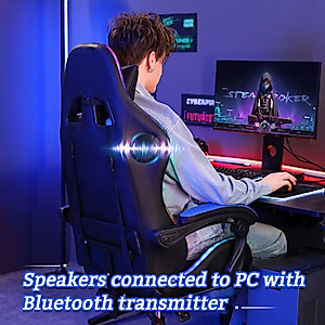 Gaming Chair with Bluetooth Speakers and RGB LED Lights Ergonomic Massage Computer Gaming Chair with Footrest Video Game Chair High Back with Lumbar Support Blue and Black