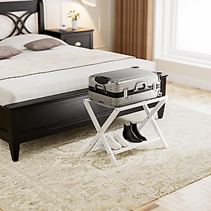 HITNET White Luggage Rack, Set of 2, Folding Suitcase Stand with Storage Shelf, Bamboo Luggage Holder with 5 Nylon Straps for Guest Room Bedroom Hotel