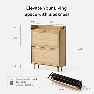 EYYTHUNG Shoe Cabinet with 2 Flip Drawers, Rattan Farmhouse Shoe Organizer, Boho Wooden Hidden Slim Narrow Shoe Rack Cabinet for Entryway, Hallway, Natural Oak