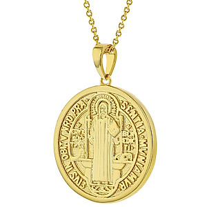 Gold Plated Reversible Religious Saint Benedict Medal Pendant Necklace Ideal for Ladies & Women 19" - Meaningful and Special Religious Jewelry Gift for Loved Ones