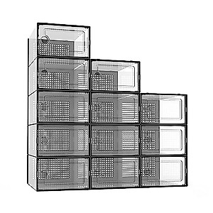 Potahouse Shoe Storage Organizer, 12 Pack X-Large Clear Plastic Stackable Shoe Boxes with Lids, Fit Size 11-12, Sneaker Containers Bins Space Saving for Entryway Closet Floor, Black