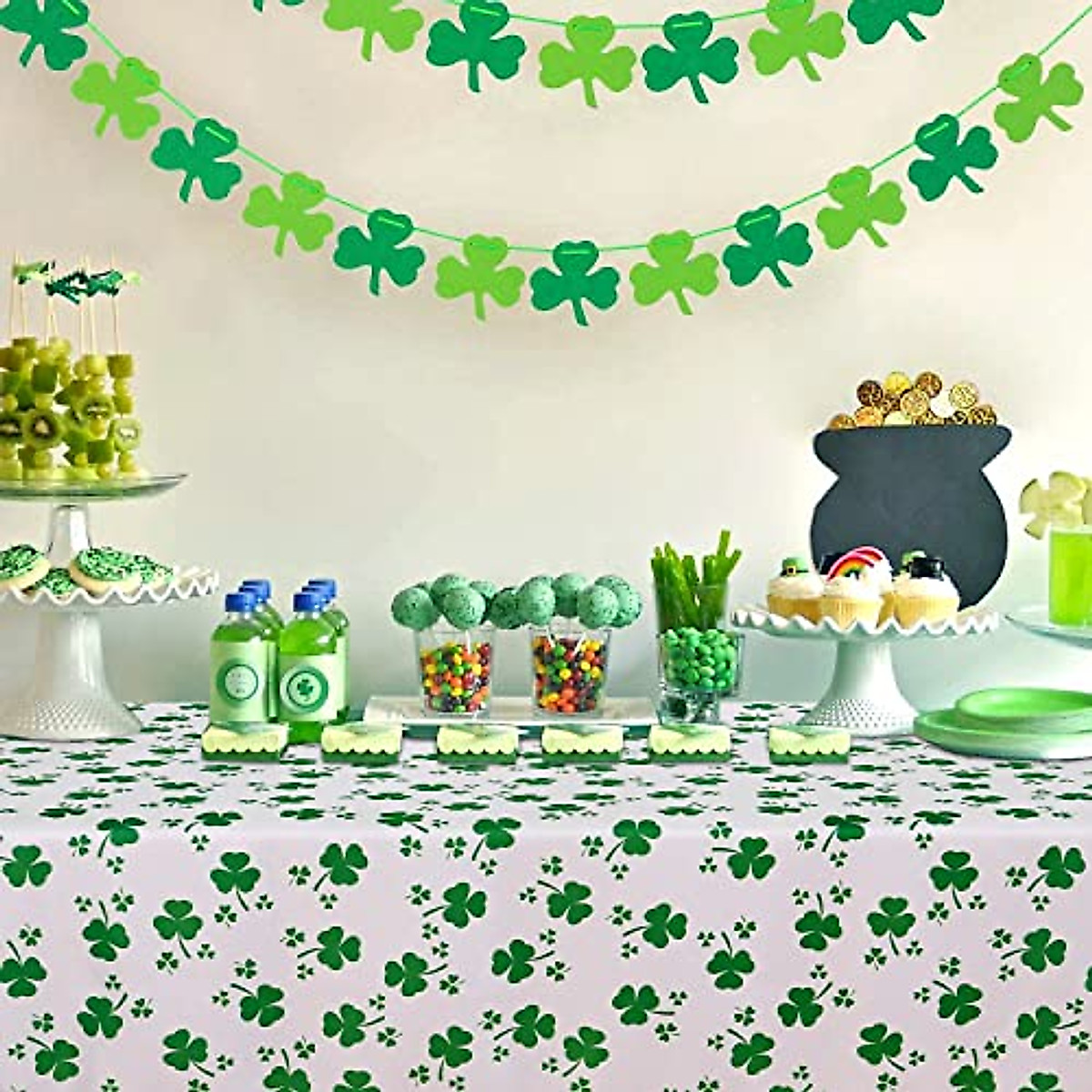 LUSHVIDA St.Patrick's Day Rectangle Table Cloth, 60 x 84 Inch, Shamrock Patterned Irish Clover Washable Microfiber Tablecloth Decorative Table Covers for Picnic Party, 100% Polyester, 150 GSM