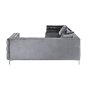 Iconic Home Mozart Elegant Velvet Modern Deeply Tufted with Silver Nailhead Trim Chrome Legs Right Facing Sectional Sofa, Grey