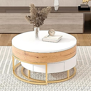 Modern Round Lift-top Nesting Coffee Tables with 2 Drawers, Wood Cocktail Table Center Table with Metal Pedestal & Concealed Storage Compartment for Living Room (Oak Natural Wood + Antique White-74)