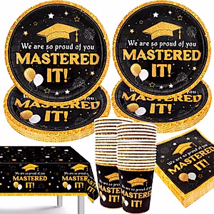 2024 Graduation Decorations Black and Gold Graduation Plates Class of 2024 Mastered It Disposable Paper Dinnerware Set for College High School Graduation Party Serve 30