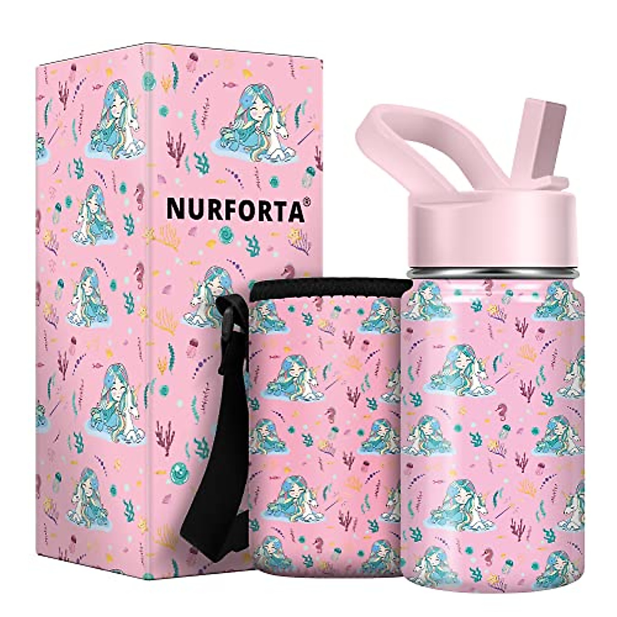 Kids Water Bottle for School, 10oz Boys Girls Insulated Water Bottle with Strap Sleeve, Mermaid Unicorn Stainless Steel Tumbler Cups with Straw Lid, Toddler Water Bottle with 20 Name Stickers