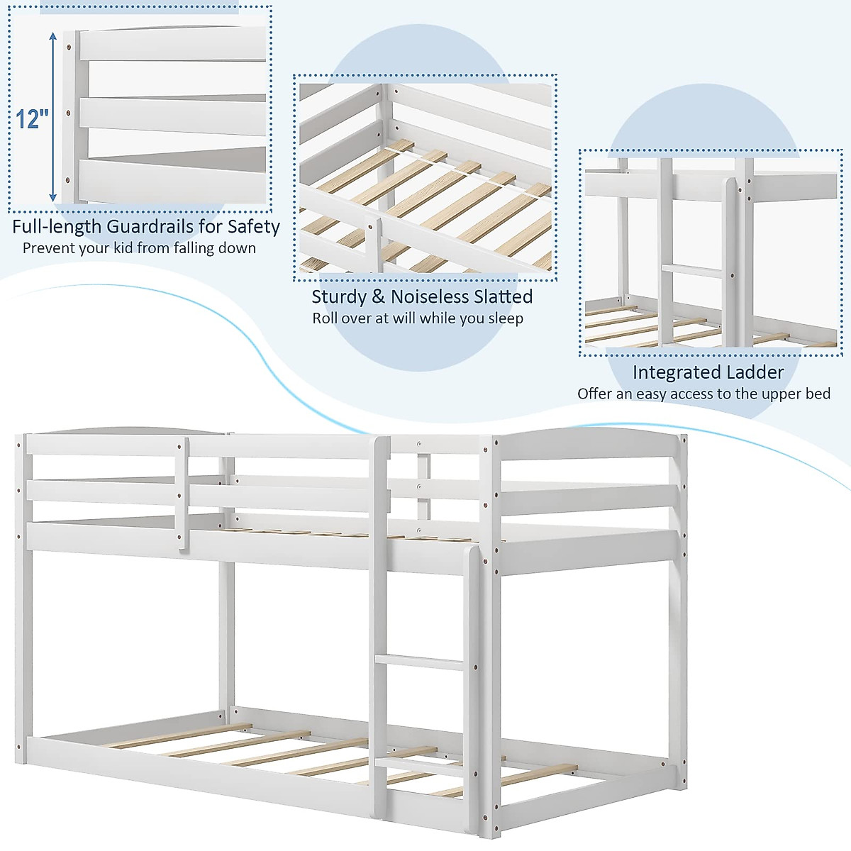 Giantex Twin Low Bunk Bed, Solid Wood Twin Over Twin Bunk Bed Frame with Full Guardrails & Integrated Ladder, Floor Twin Bunk Beds for Kids Boys and Girls, No Box Spring Needed, White