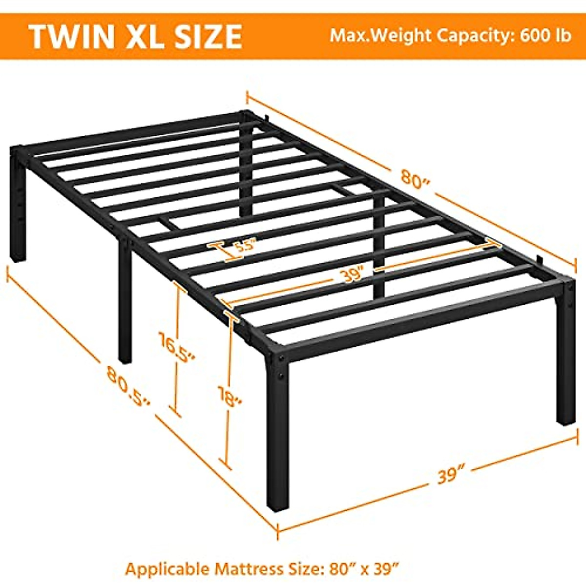 Yaheetech 18 inch Metal Platform Bed Frame Twin XL with Steel Slat Support and Underbed Storage Space Non-Slip Mattress Foundation No Box Spring Needed Tool-Free Assembly Black