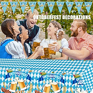 Oktoberfest Decorations Table Cloth Set, Octoberfest Blue White Diamonds Checkered Beer Party Rectangle Tablecloth Cover & Bavarian Pennant Banner Flag for Festival Themed Favors Supplies Gift Decor