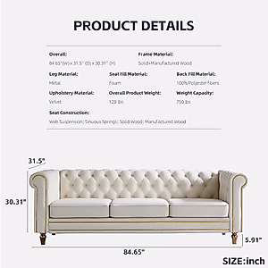 Yoglad Velvet Chesterfield Sofa, 84.65'' Mid Century Modern 3 Seater Couch with Round Arms and Metal Legs, Upholstered Sofa with Tufted Back for Living Room Bedroom (Beige)