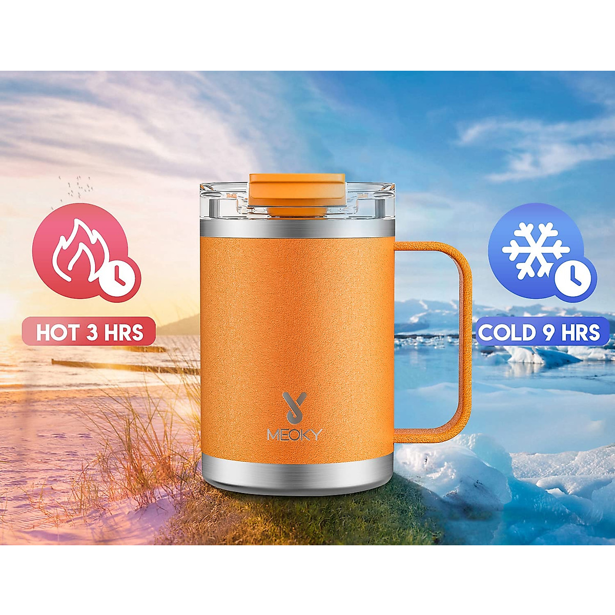 Meoky 14oz Insulated Coffee Mug with Lid and Handle, 100% Leak Proof Stainless Steel Coffee Cup with Tritan Lid, Double Wall Vacuum Coffee Tumbler with Handle (Peach)