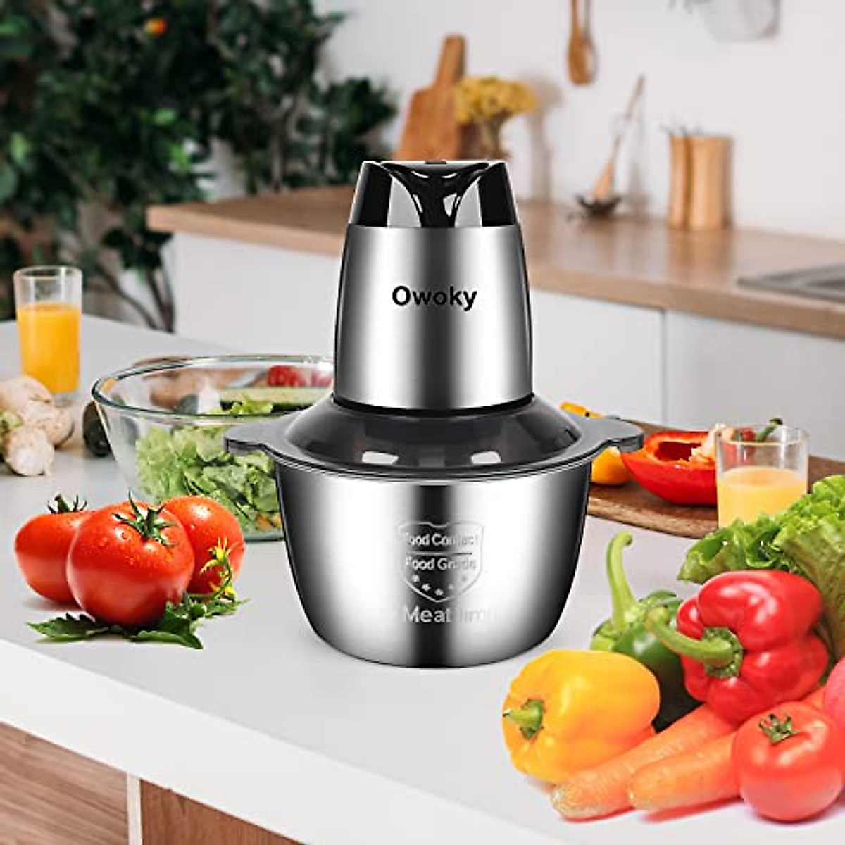 Food Processors Electric, Meat Grinder 2L Stainless Steel Meat Blender Food Chopper for Meat, Onion, Vegetables with 2pcs Bi-Level Blades, 2 Speed, 500W, 8 Cup (Meat Grinder with Single bowl)