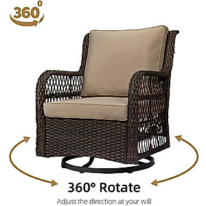 Amyove 3 Pieces Outdoor Wicker Swivel Patio Set, 360° Swivel Rocking Patio Chairs of 2 with Side Table and Fabric Cushions for Outside, Yard, Garden, Balcony (Rust)