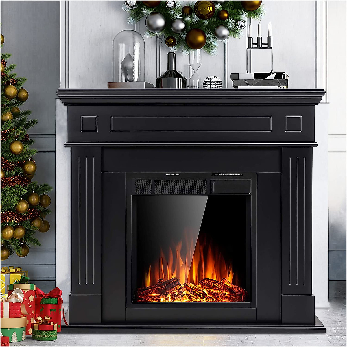 Cowsar 44" Electric Fireplace with Mantel Package Free-Standing Fireplace Heater, Wooden Surround Firebox with Log, Remote Control, 750-1500W, Black