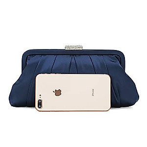 CHARMING TAILOR Classic Pleated Satin Clutch Bag Diamante Embellished Formal Purse for Wedding/Prom/Black-Tie Events (Navy)