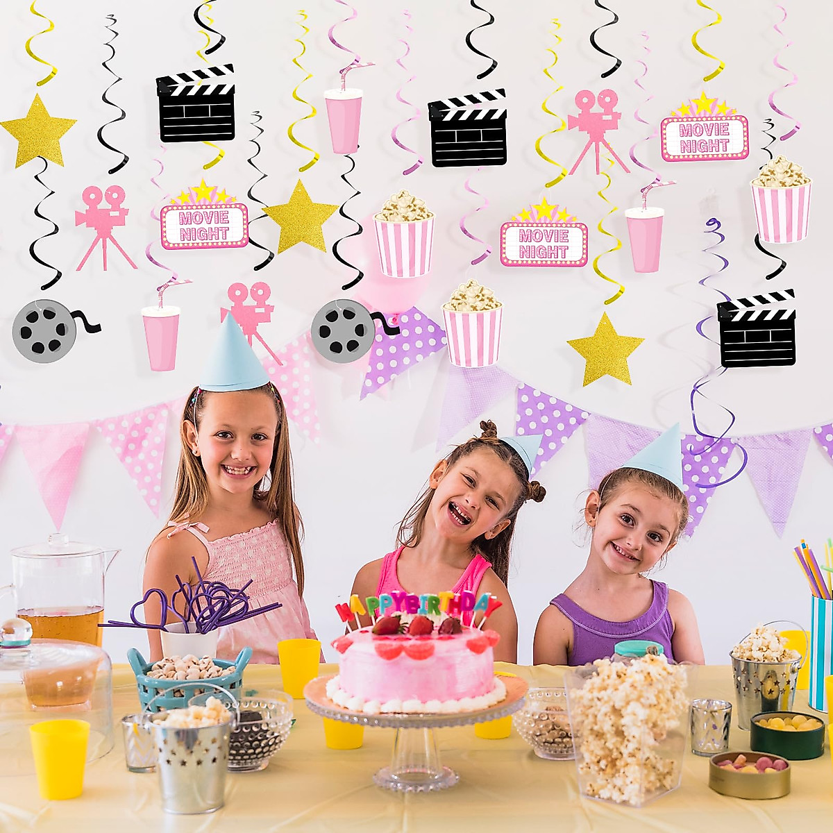 K KUMEED Movie Night Party Decorations,Pink Movie Theme Hanging Swirl Decorations,Cute Popcorn Foil Swirls Ceiling for Baby Shower Birthday Party Film Party Supplies Family Party Girls Boys
