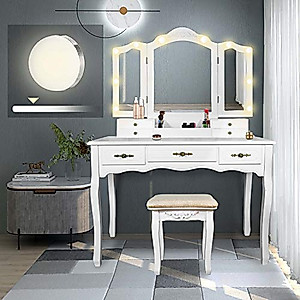 ENSTVER Vanity Set with 10 Hollywood LED Light Bulbs,Makeup Table with Stool and Mirror,6 Organization 7 Drawers,Dressing Table for Bedroom,Pure White
