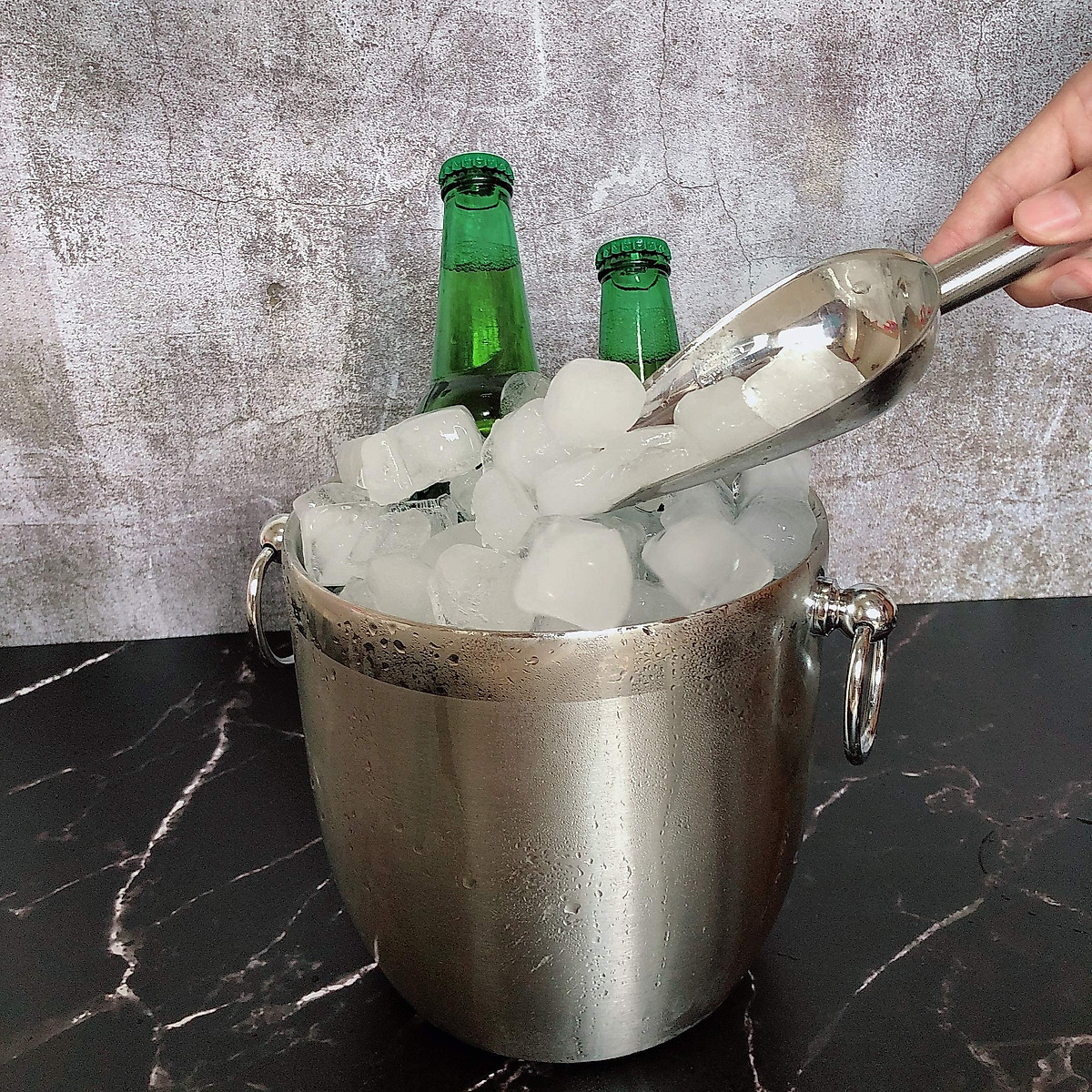 Ice Bucket Double Wall Insulated- Well Made Champagne &Wine Bucket Keeps Ice Frozen Longer - 3 Liter Stainless Steel Ice Bucket with Lid, Tongs,Scoop