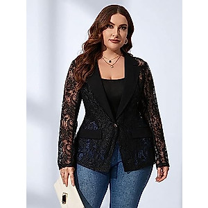 WDIRARA Women's Plus Size Contrast Lace Button Front Lapel Neck Long Sleeve Elegant Blazer Black 1XL