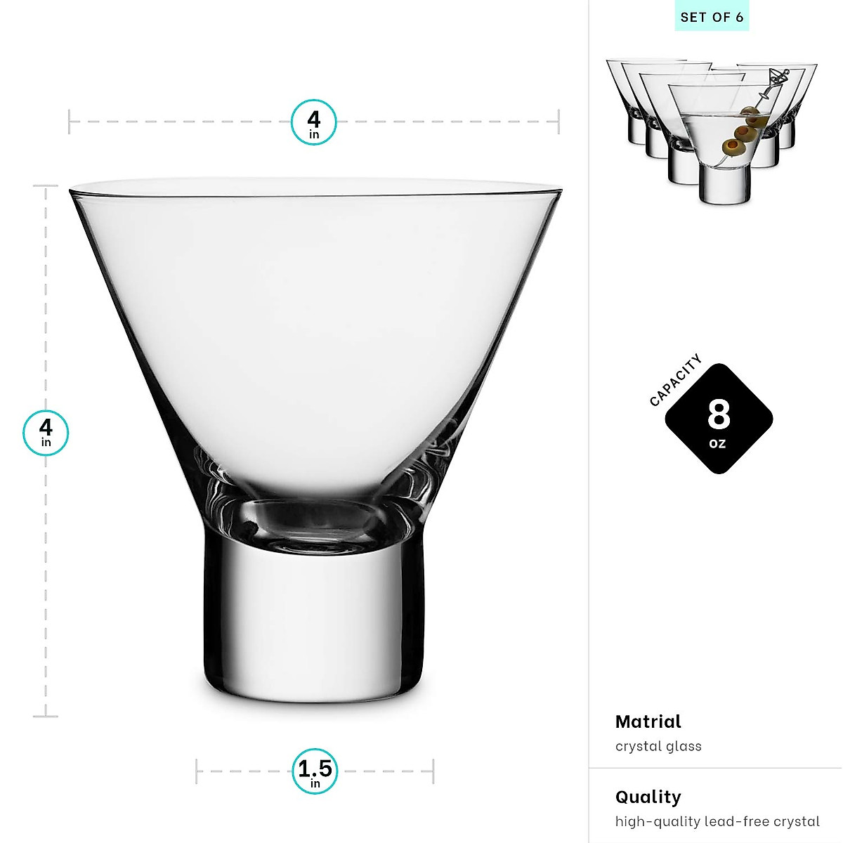 MITBAK 8 - Ounce Martini Glasses (Set of 6) | Elegant cocktail Cups | Great for Martini, Cocktail, Whiskey, Liquor, Margarita, & Other Alcoholic Beverages | Bar Glasses Made In Slovakia