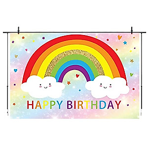 Rainbow Birthday Backdrops for Girls Bokeh Happy Birthday Party Decoration Supplies Kids Rainbow Clouds Cake Table Banner Photo Studio Props 5x3ft