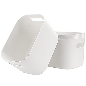 JOIKIT 6 Pack White Storage Bins with Handles, White Bathroom Kitchen Organizer Bin, White Plastic Vanity Storage Bins for Hand Soap, Body Washes, Towels, Shampoos, Lotions, Bath Balls, 10 x 7 x 6.3 Inch