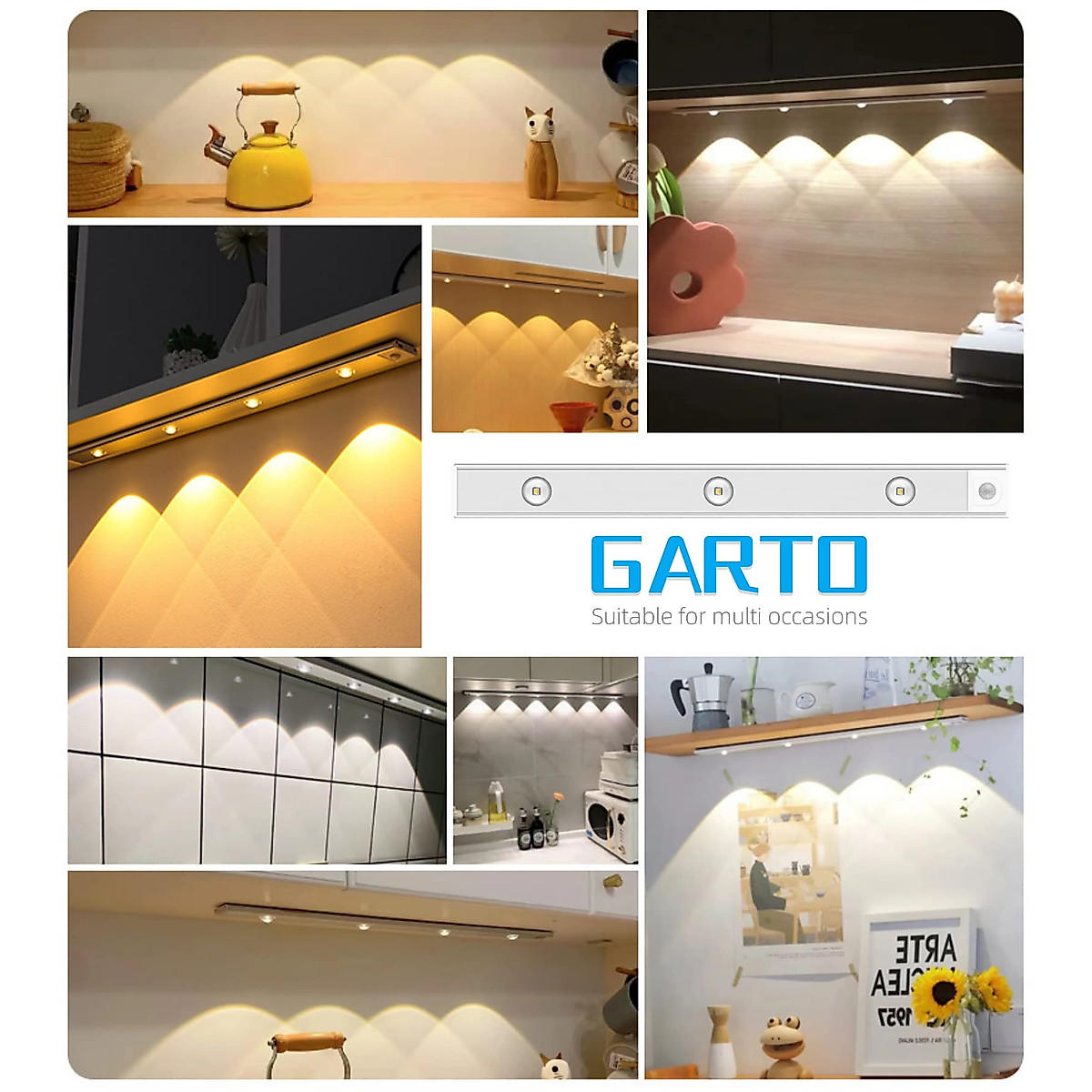 GARTO Silver Under Cabinet Light 2 Packs,23.62 inch Slim LED Motion Sensored Light,4 Beads USB Rechargeable Under Counter Lights for Kitchen Shelf Wardrobe Closet