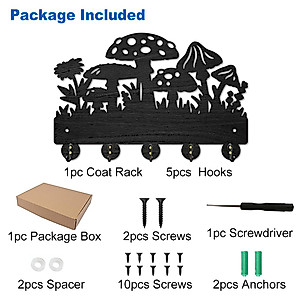 MAYJOYDIY Mushroom Wall Mounted Coat Rack Wildflower Meadow Wood Key Hooks for Wall 11.8×7.9inch Black Key Holder Hanger Wall Art Decor with 5 Alloy Hooks for Gift Hallway Entryway Kitchen