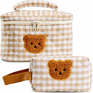 AIPJOY Kawaii Cotton Checkered Makeup Bag,Large Quilted Coquette Travel Cosmetic Bag,Cute Aesthetic Pouch Purse Toiletry Bag For Women（2pcs）