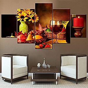 Red Wine Art Work for Home Walls 5 Panel Red Candle Paintings HD Prints Colorful Fruit and Wine Wall Art on Canvas Sunflower Pictures for Living Room Framed Gallery-Wrapped Ready to Hang(60''Wx32''H)