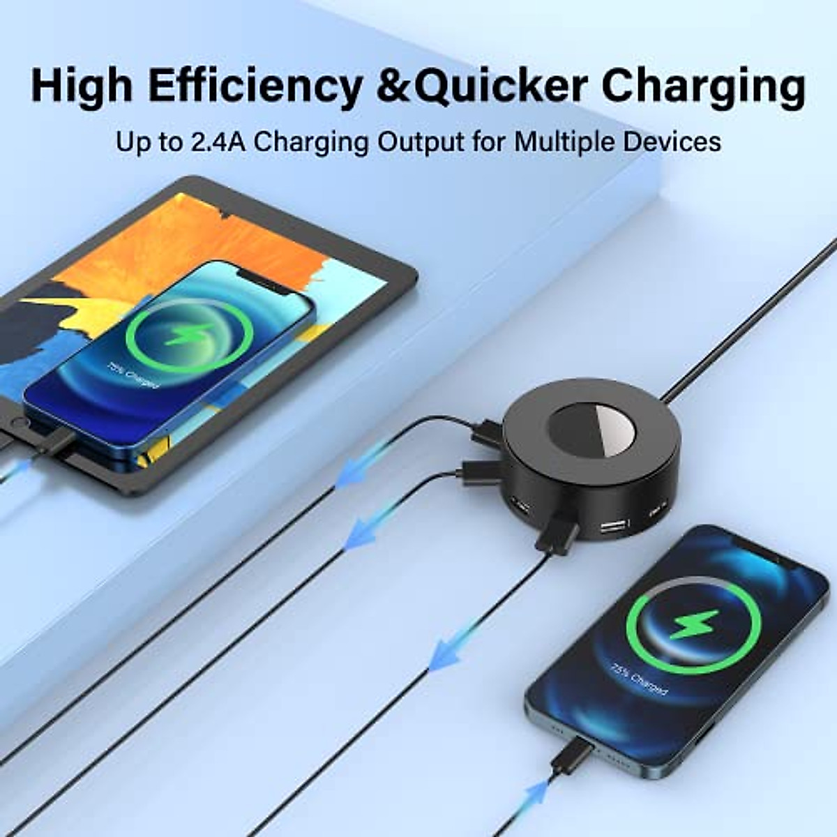 6-Port USB Charger Charging Station with Smart Identification, Desktop Multi-Port USB Charger Charging Station for Multiple Devices, iPhone iPad Tablets Cellphones (Black)