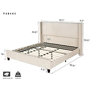 VanAcc King Size Platform Bed Frame, 50.8" Corduroy Upholstered Bed with Vertical Channel Tufted Headboard/Wooden Slats/Wingback/No Box Spring Required/Beige