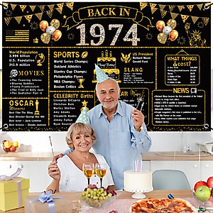 VERAT 50th Birthday Decorations for Men Women, Back in 1974 Birthday Banner, Black Gold 50 Year Old Birthday Party Poster Supplies 1974 Backdrop Photography Background