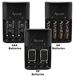 Acuvar 3 in 1 Battery Charger for Double AA, Triple AAA and 9V Batteries