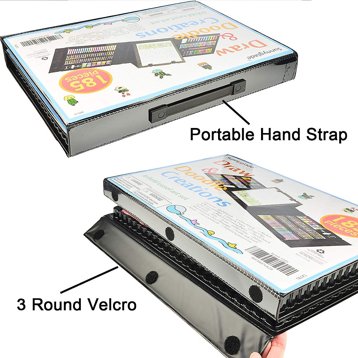 Sunnyglade 185 Pieces Double Sided Trifold Easel Art Set, Drawing Art Box with Oil Pastels, Crayons, Colored Pencils, Markers, Paint Brush, Watercolor Cakes, Sketch Pad